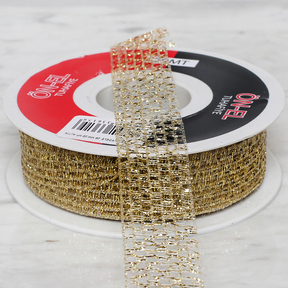 Önel 2.5 cm 20 m Mesh Ribbon, Gold